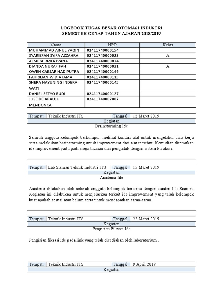 LOGBOOK TUGAS BESAR OTOMASI INDUSTRI Kelompok 6 | PDF