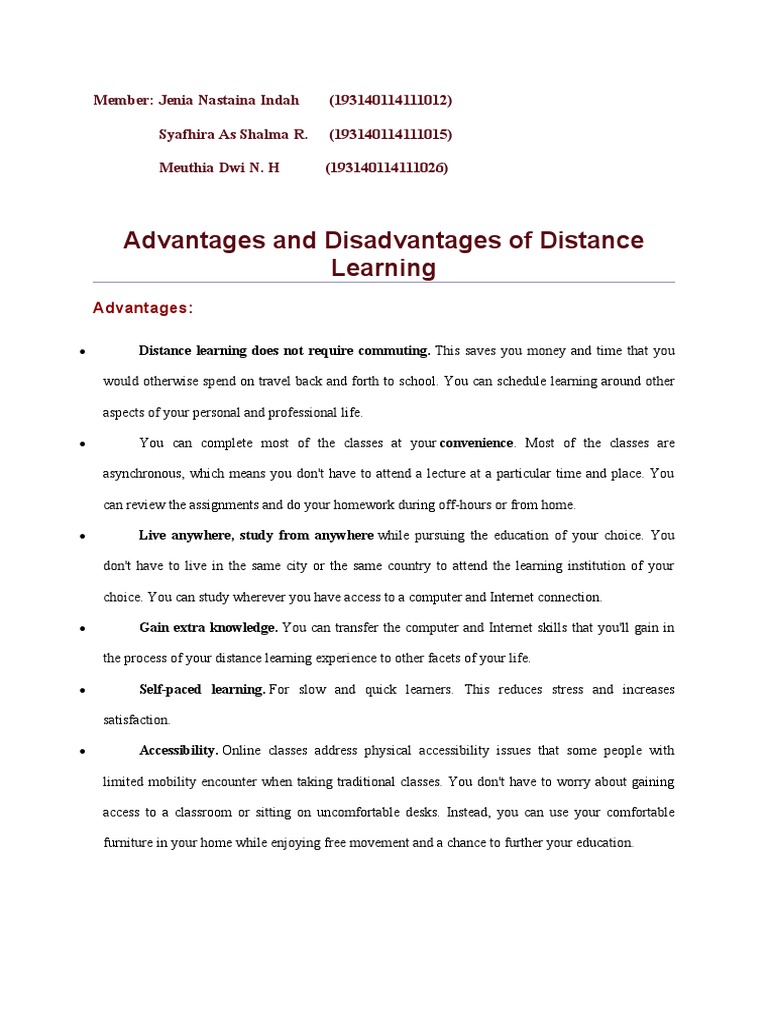 Advantages and Disadvantages of Distance Learning | PDF | Distance ...