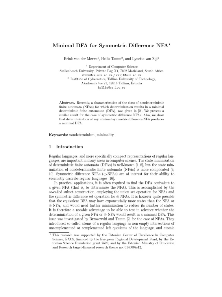 Minimal Dfa For Symmetric Difference Nfa Determinization Pdf Models Of Computation