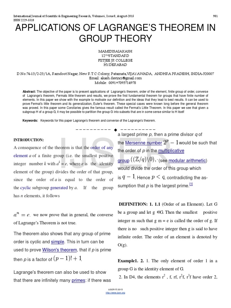 Ijser: Applications of Lagrange'S Theorem in Group Theory | PDF | Group (Mathematics) | Abstract ...