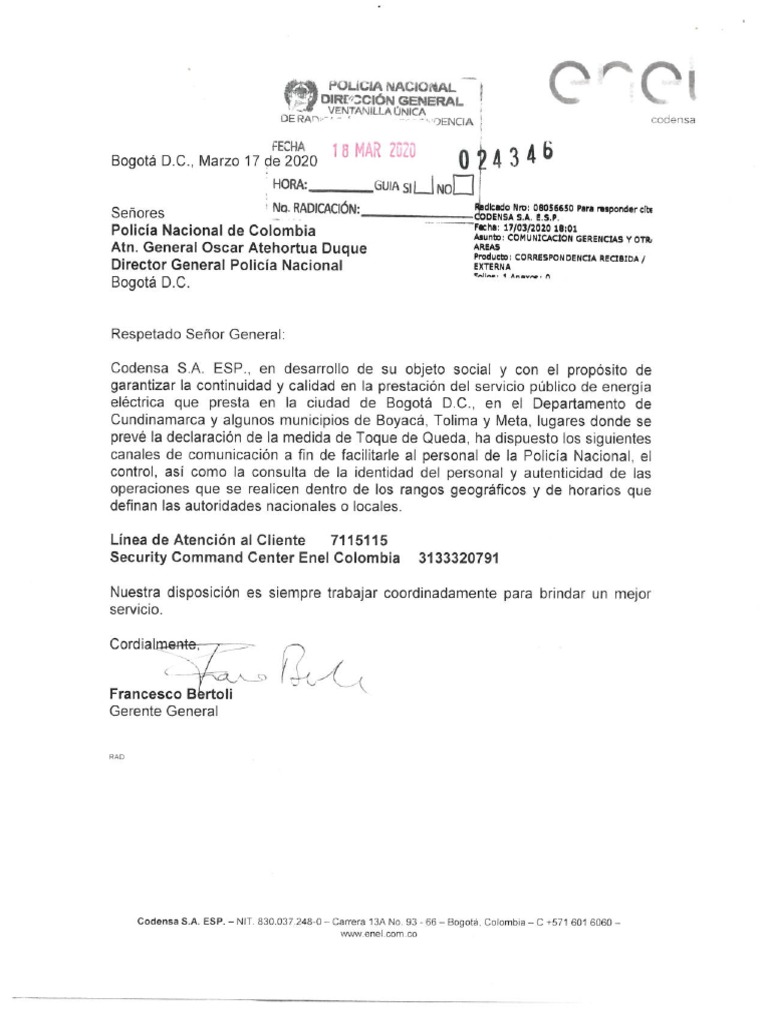 Carta Codensa Ponal Radicada PDF | PDF