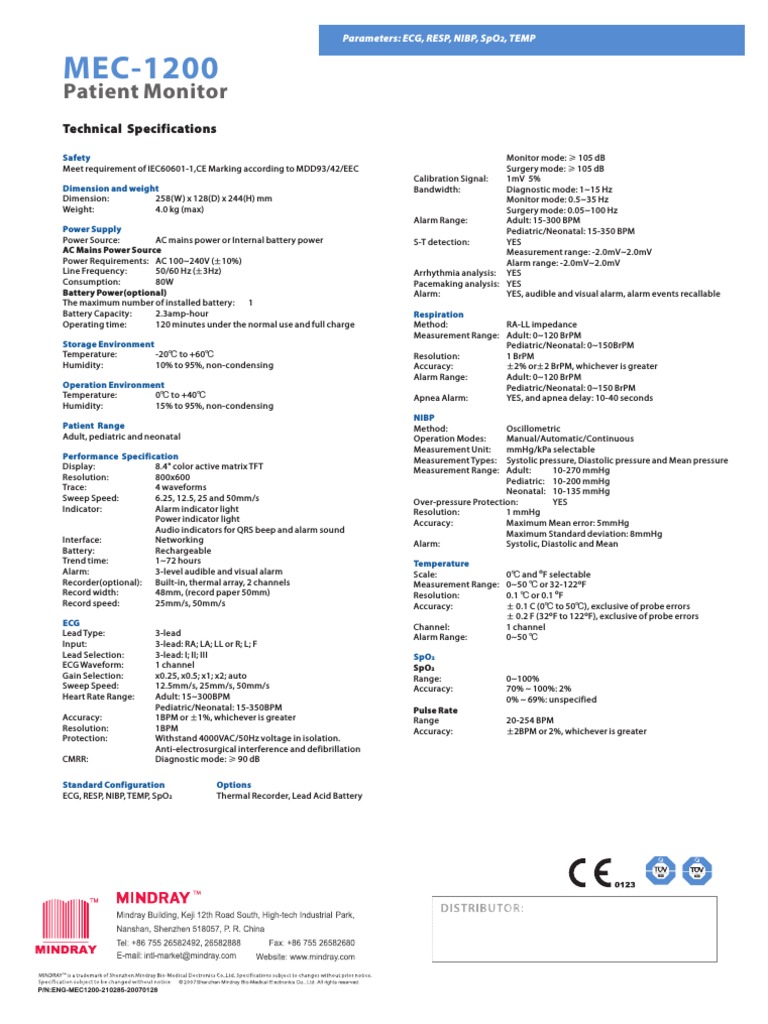 Patient Monitor: Technical Specifications | PDF | Electrical ...