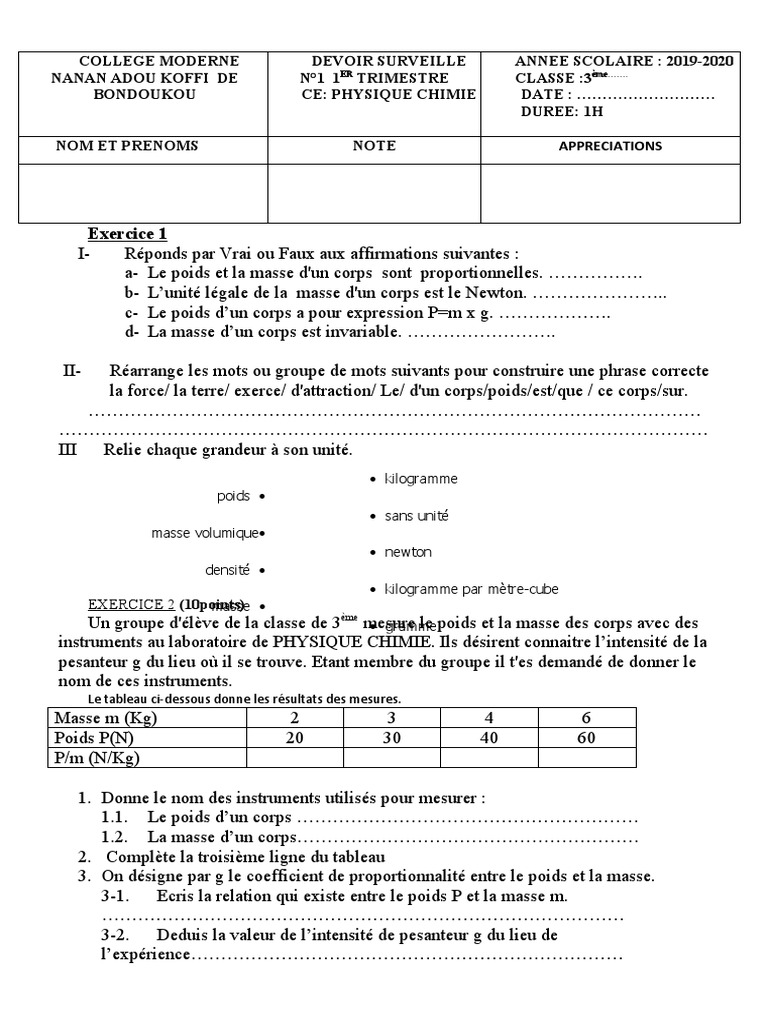 DEVOIR Phy-Chimie 3EME N°1 | PDF | Poids | Masse