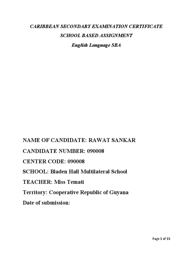Caribbean Secondary Examination Certificate School Based Assignment English Language SBA | PDF ...
