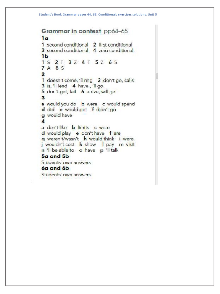Student's Book Grammar Pages 64, 65, Conditionals Exercises Solutions ...