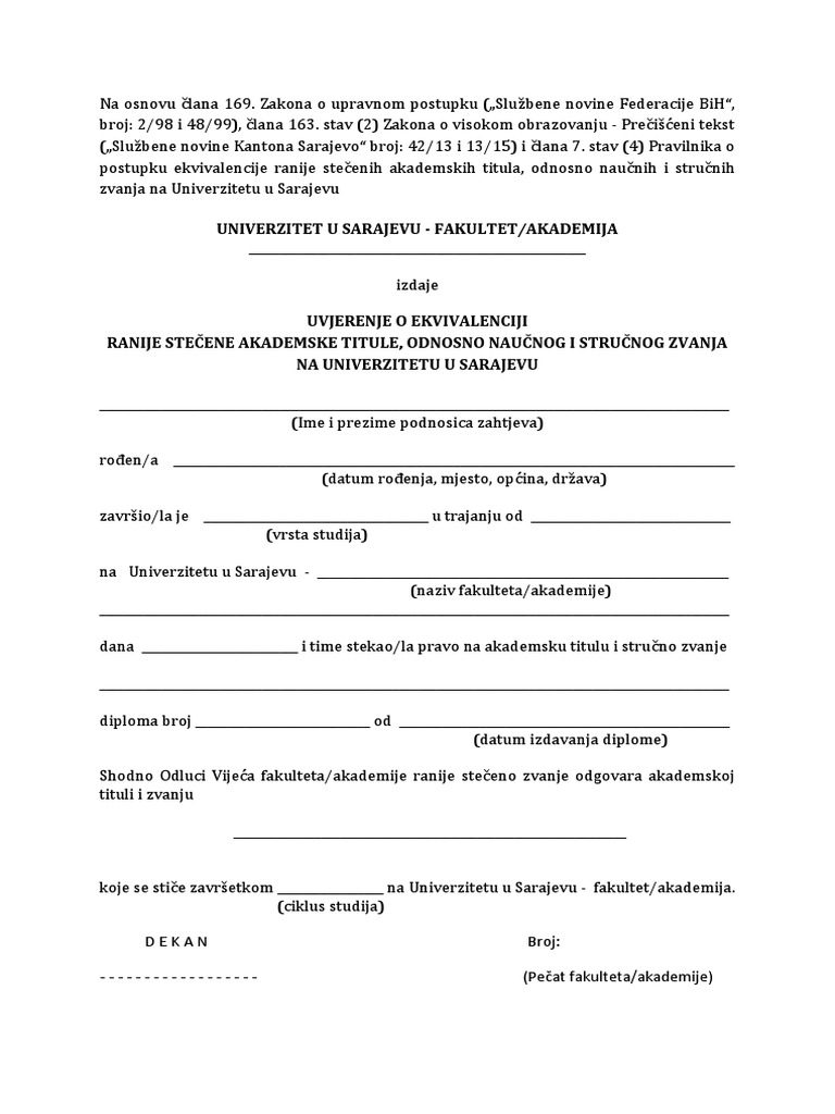 Obrazac Uvjerenja o Ekvivalenciji Na UNSA | PDF