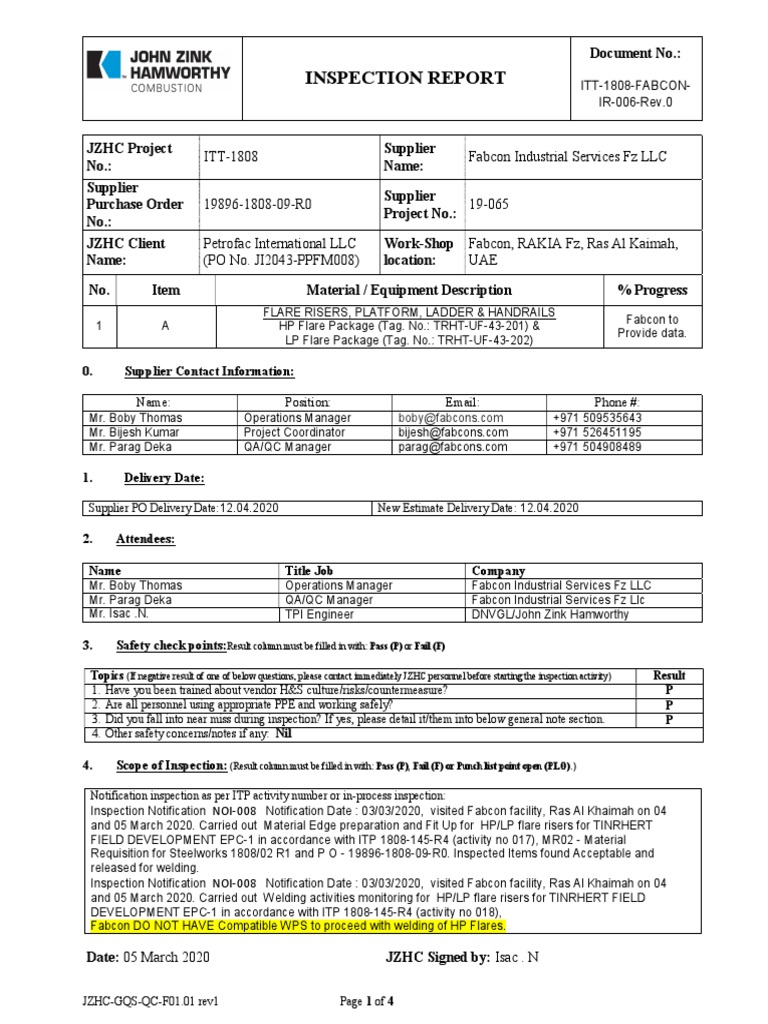 Fabrication Issues Identified During Inspection of HP and LP Flare ...