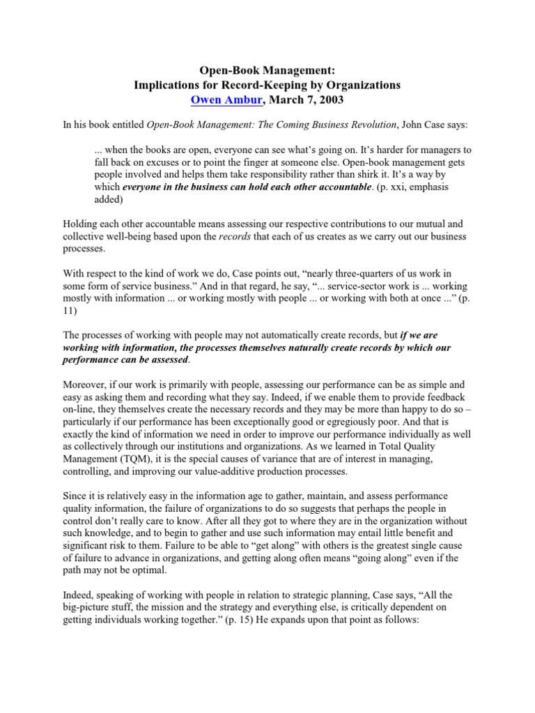 Open-Book Management: Implications For Record-Keeping by Organizations ...