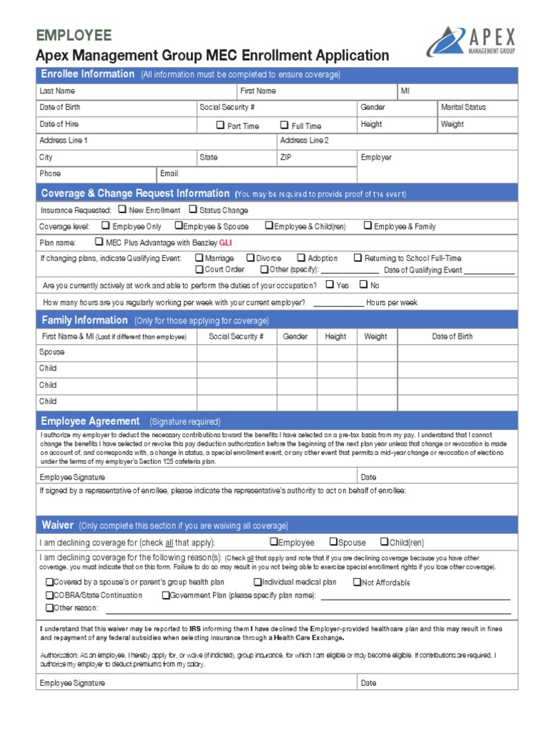 Member Enrollment Application - APEX Plan - Fillable | PDF | Social ...