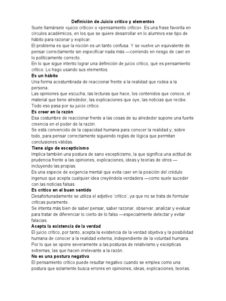 Definición de Juicio Crítico y Elementos | PDF | Pensamiento crítico ...