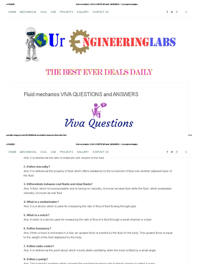 Fluid Mechanics VIVA QUESTIONS and ANSWERS - Ourengineeringlabs PDF | PDF | Pump | Turbine