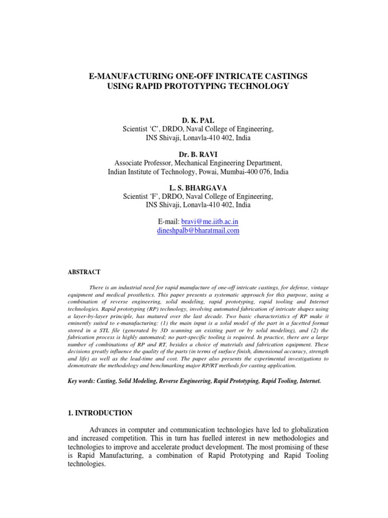 E-Manufacturing One-Off Intricate Castings Using Rapid Prototyping ...