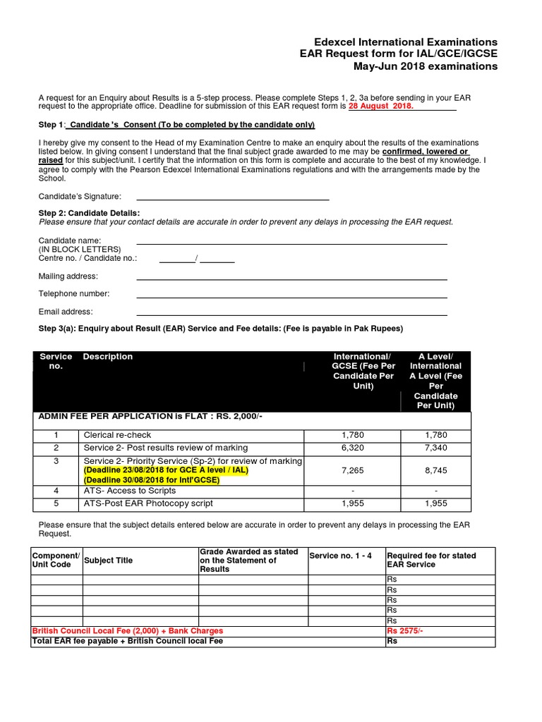 Edexcel International Examinations EAR Request Form For IAL/GCE/IGCSE ...