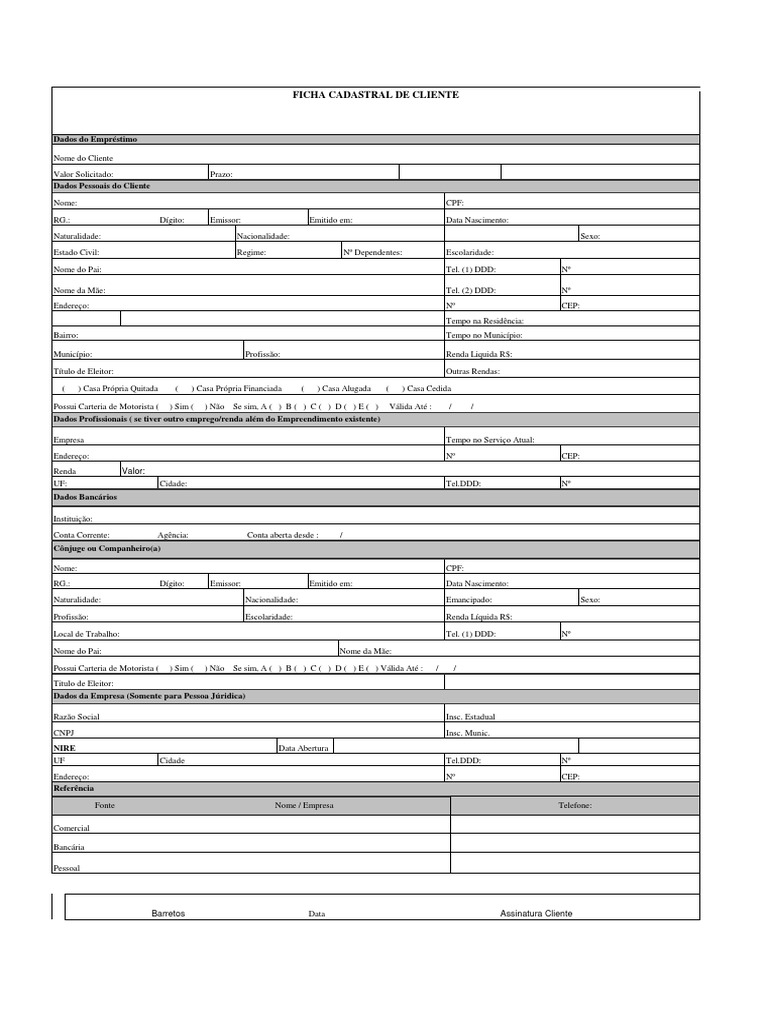 Ficha Cadastral De Cliente: Dados do Empréstimo | Economias | Business