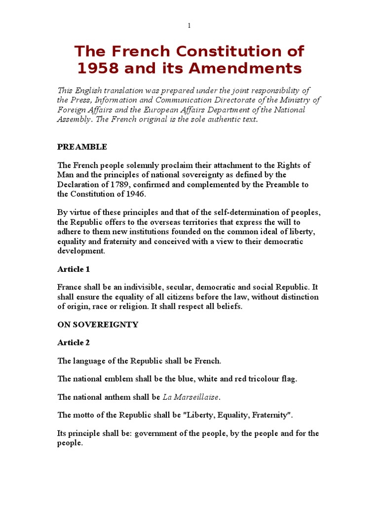 The French Constitution of 1958 and Its Amendments: Preamble | PDF ...