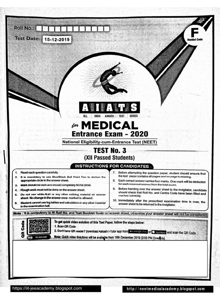 AAKASH AIATS-03 XII PASSED YEAR 2020 Question Paper | PDF