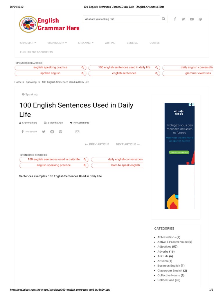 100 English Sentences Used in Daily Life - English Grammar Here | PDF ...