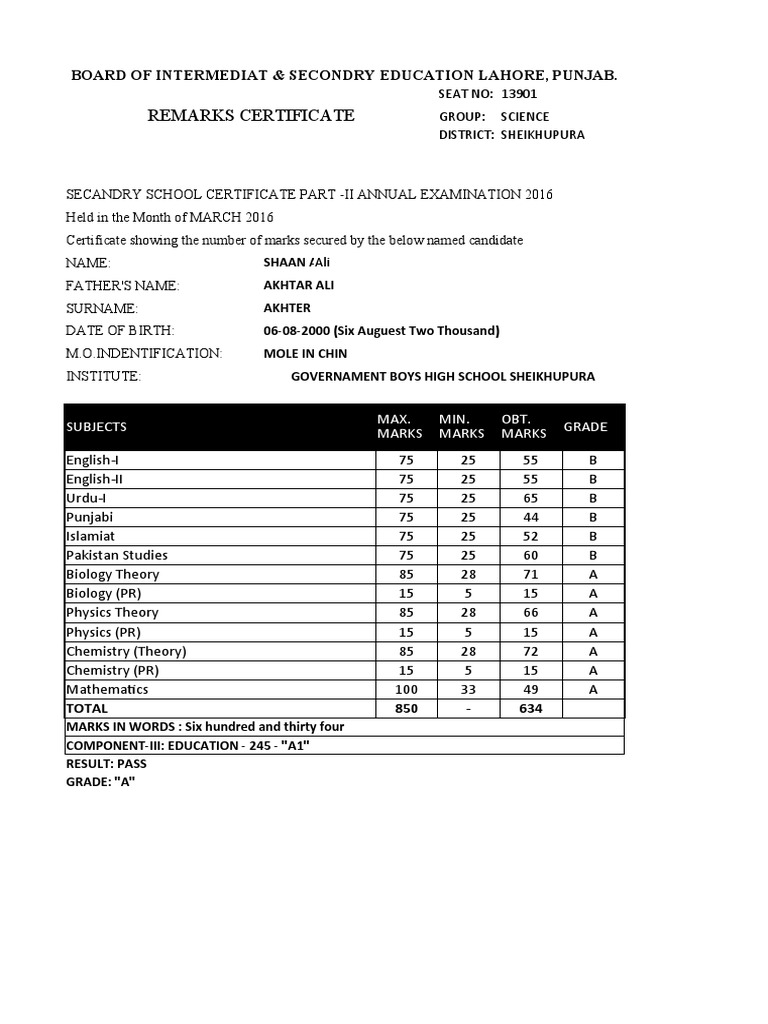 SSC Science Result 2016 - Shaan Ali | PDF