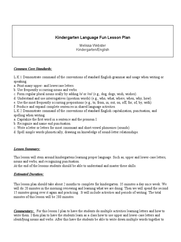 Kindergarten Language Fun Lesson Plan: Common Core Standards | PDF ...