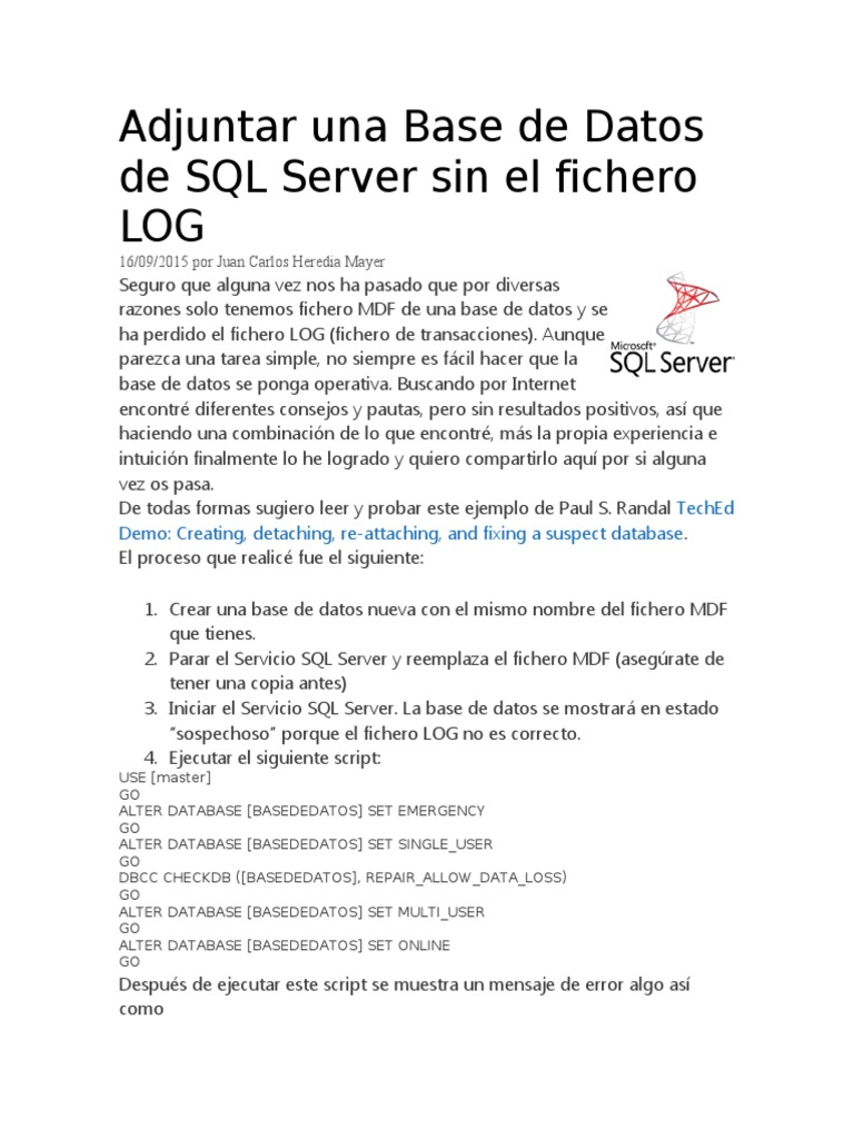 Adjuntar Base de Datos SQL sin Log | PDF | Servidor SQL de Microsoft ...