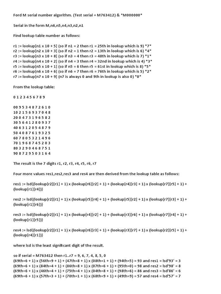 Ford M Serial Number Algorithm | PDF | Data | Software Development