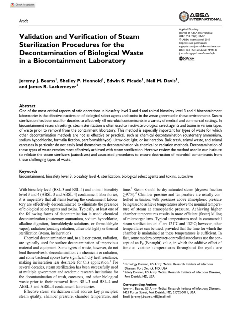 Validation and Verification of Steam Sterilization Procedures For The Decontamination of ...