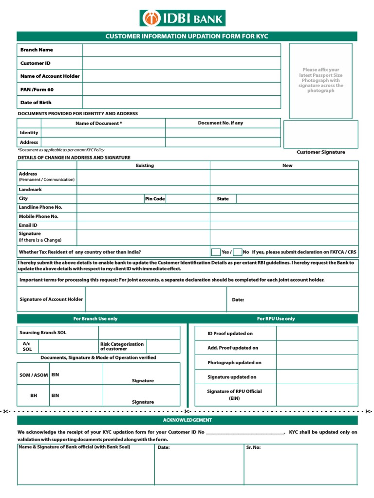 Customer Information Updation Form For Kyc: Branch Name Customer ID ...