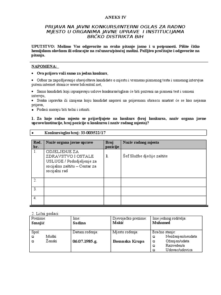 Obrazac-Prijava Na Javni Konkurs-Interni Oglas Za Radno Mjesto U Organu Uprave-Ba-Novi-2 | PDF