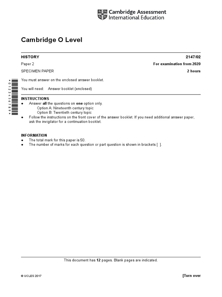Cambridge O Level: HISTORY 2147/02 | PDF | Italy | Global Politics
