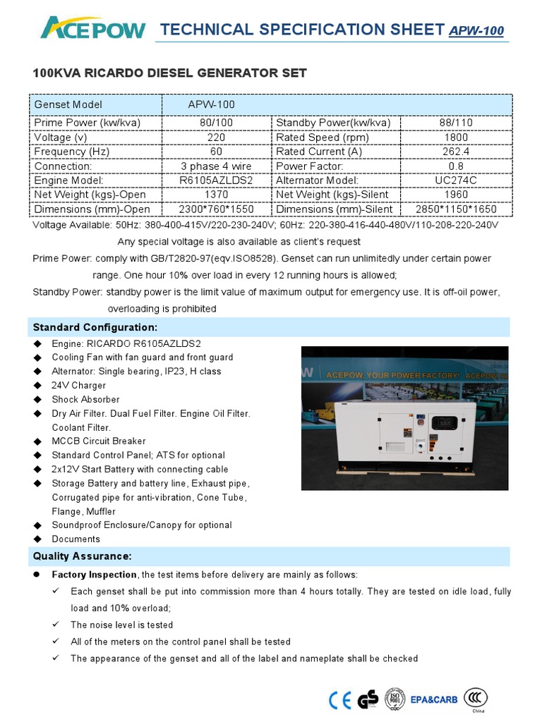 100KVA RICARDO DIESEL GENERATOR SET TECHNICAL SPECIFICATION SHEET ...