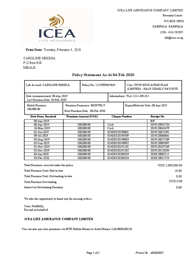 Policy Statement As at 04-Feb-2020: Print Date: Tuesday, February 4 ...