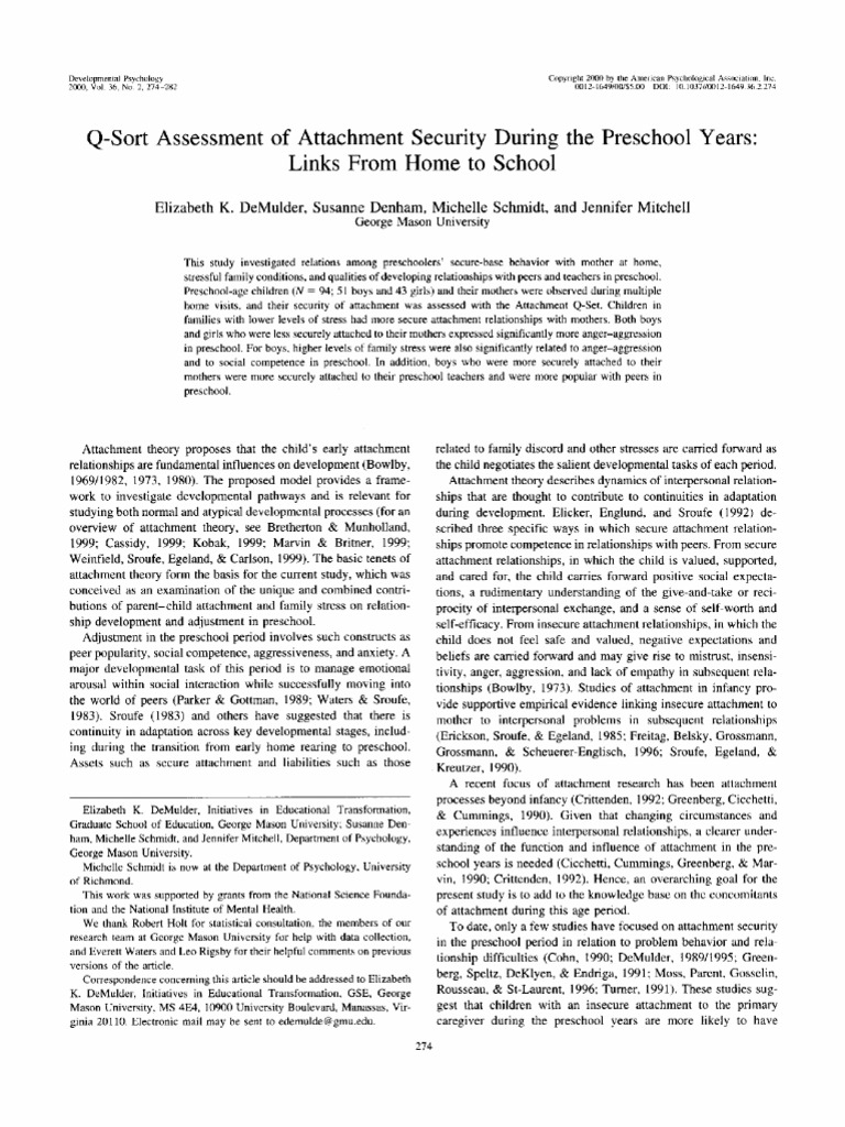 Q-Sort Assessment of Attachment Security | PDF | Attachment Theory ...