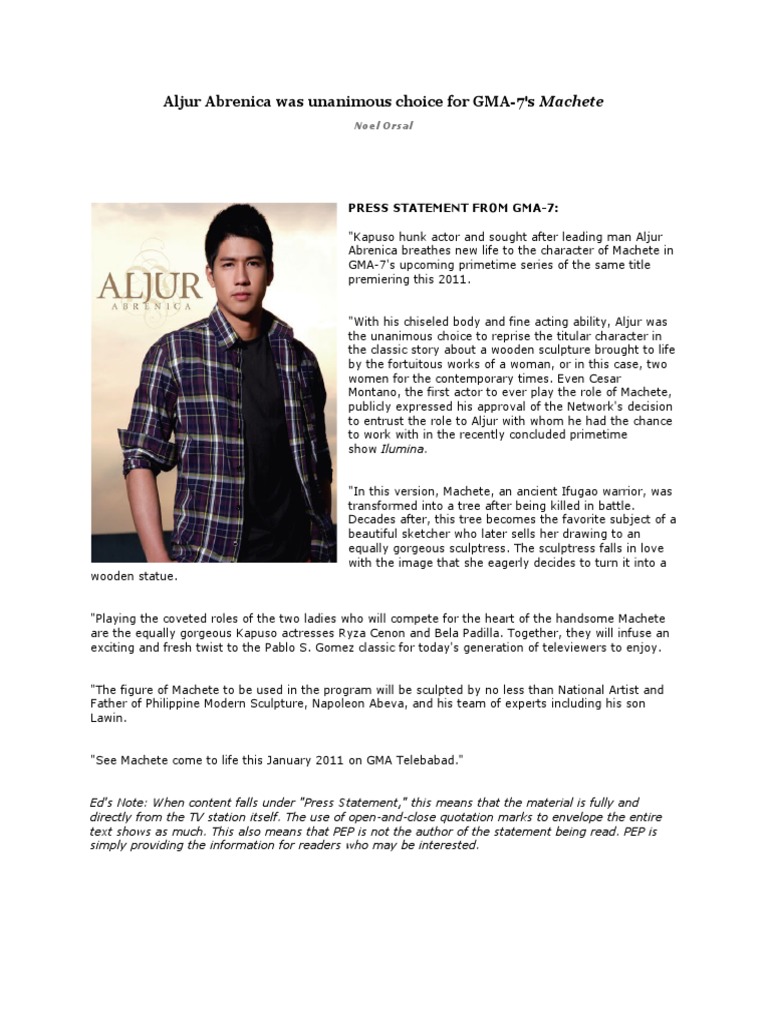 Aljur Abrenica Stars as Machete on GMA-7 | PDF | Sculpture