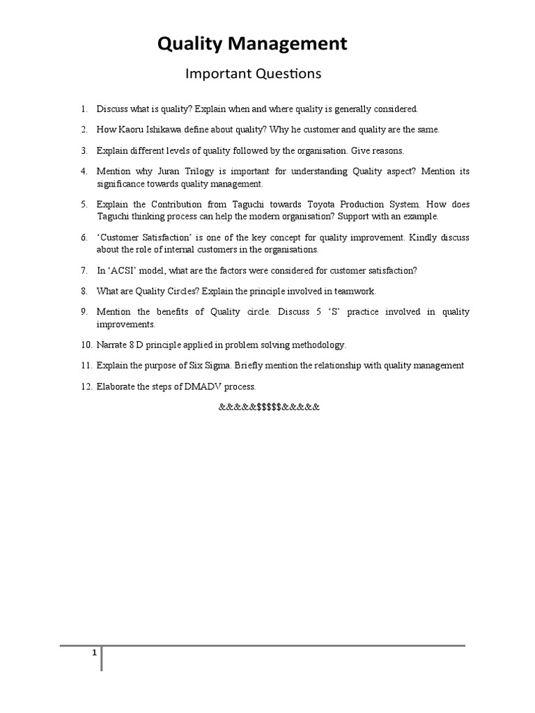 Quality Management: Important Questions | PDF