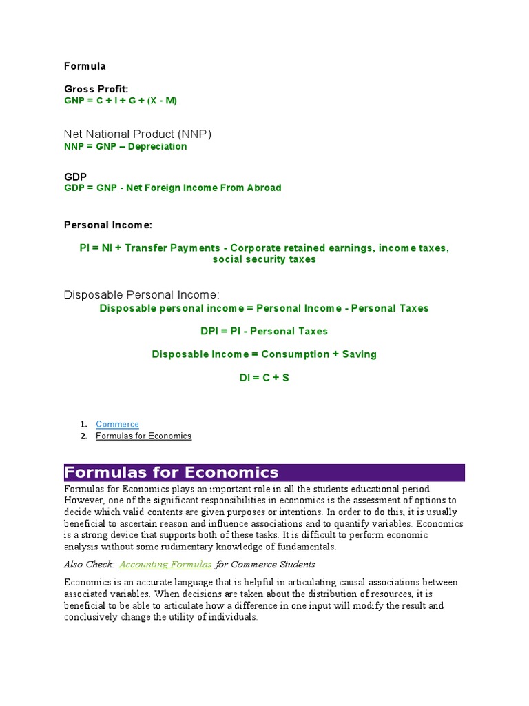 Formulas For Economics: Net National Product (NNP) | PDF
