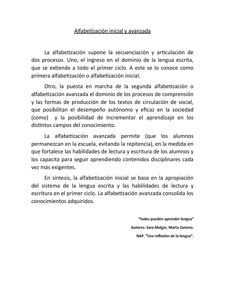Alfabetización Inicial y Avanzada | PDF