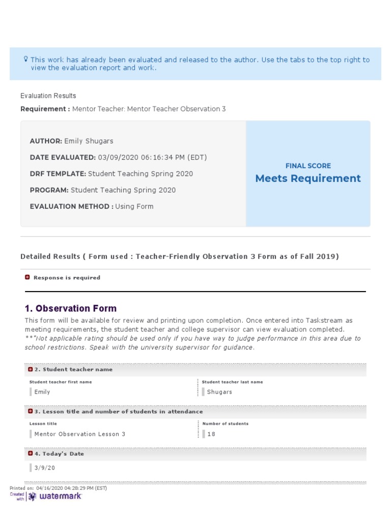Mentor Observation 3 Evaluation | PDF | Classroom | Mentorship