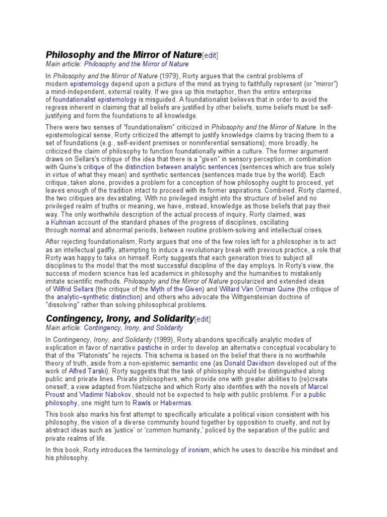 Philosophy and The Mirror of Nature | PDF | Richard Rorty | Epistemology