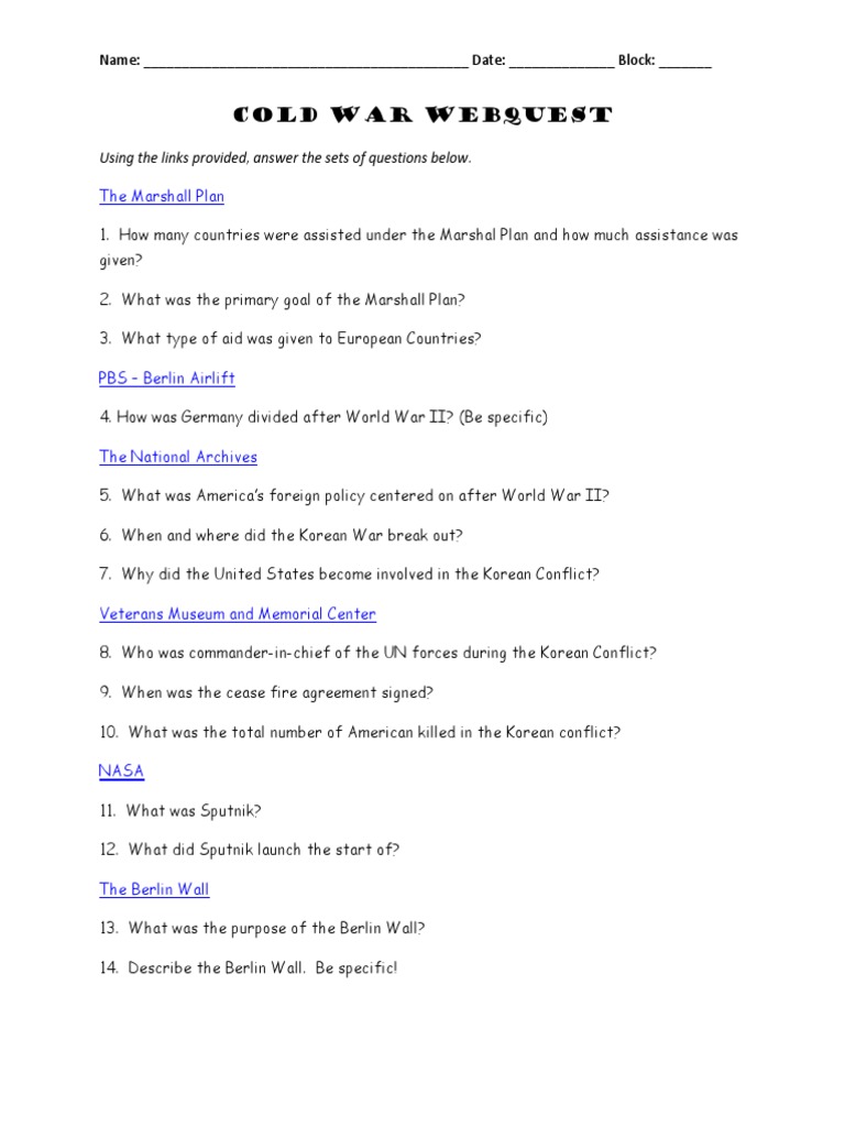 Cold War Webquest Guide and Answers | PDF