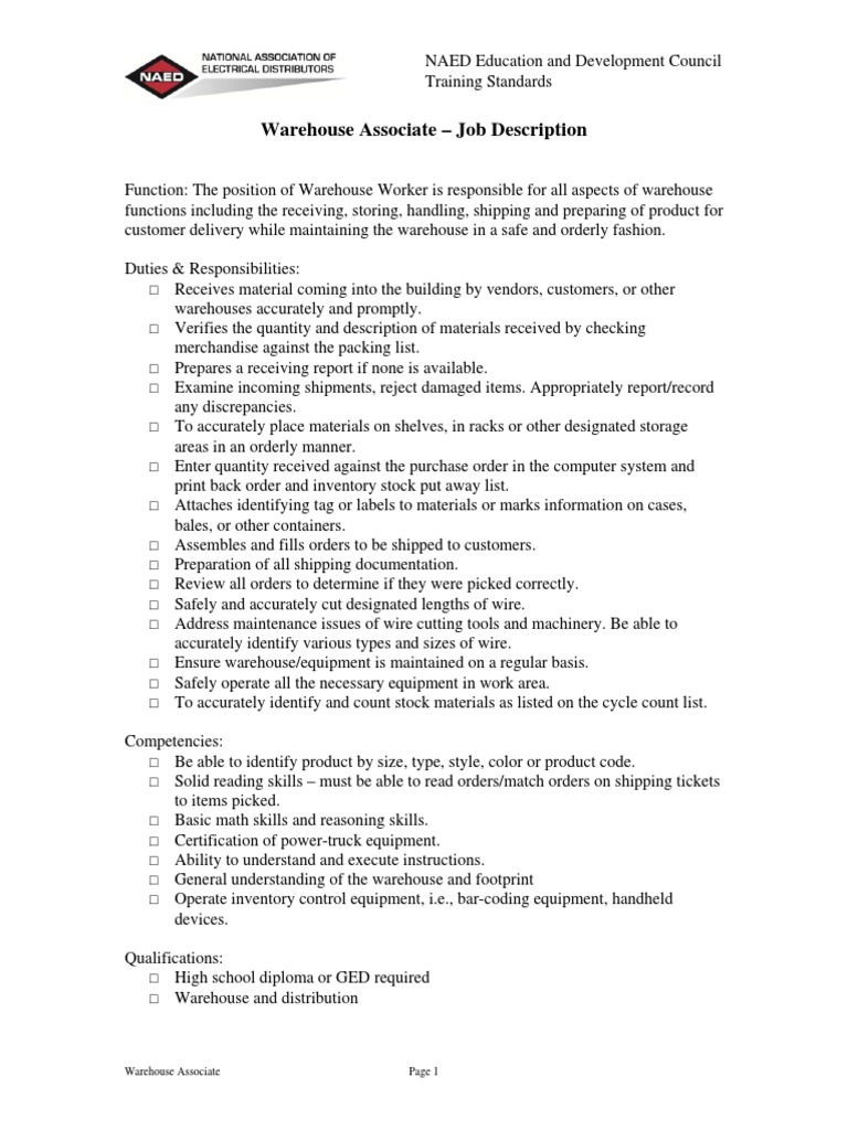 Warehouse Associate - Job Description | PDF | Warehouse | Inventory