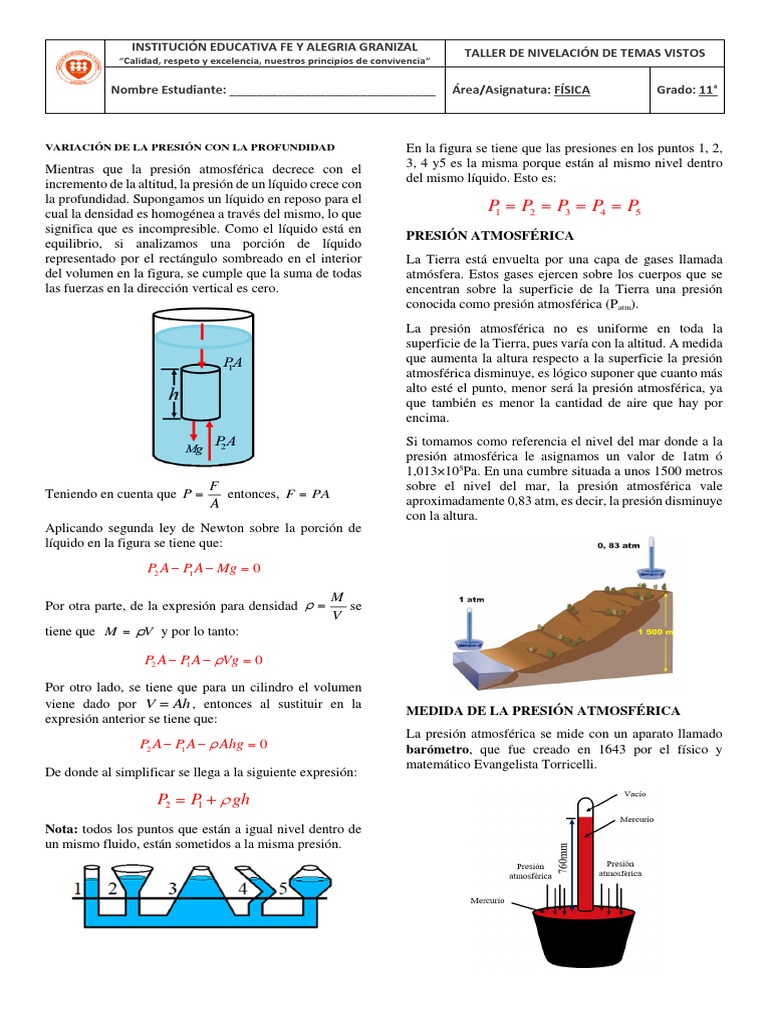 2-Taller de Repaso Sobre Presión Hidrostática 11° | PDF | Presión ...