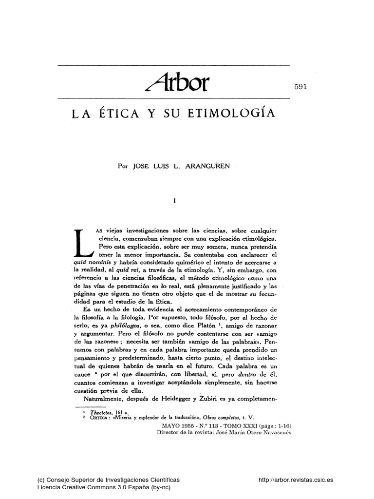 Ética Su Etimología Aranguren | PDF