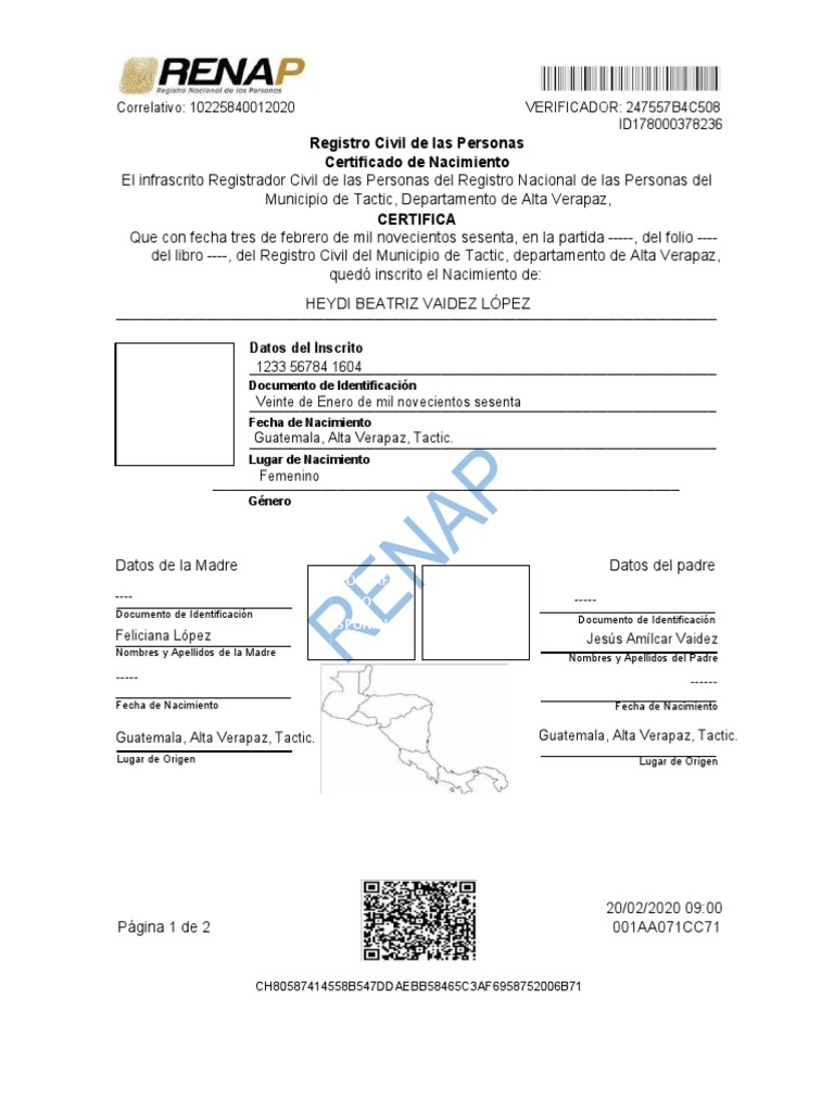Certificado de Nacimiento Renap | PDF | Certificado de nacimiento | Instituciones sociales