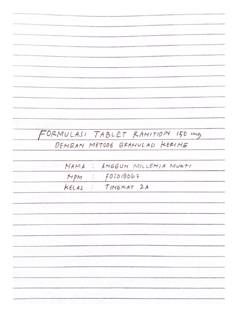 FORMULASI TABLET RANITIDIN 150 MG METODE GRANULASI KERING PDF | PDF