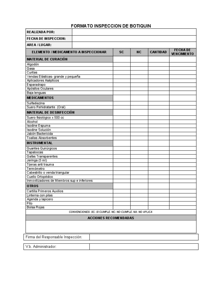 Formato Inspección de Botiquín | PDF | Tratamientos médicos | Primeros auxilios