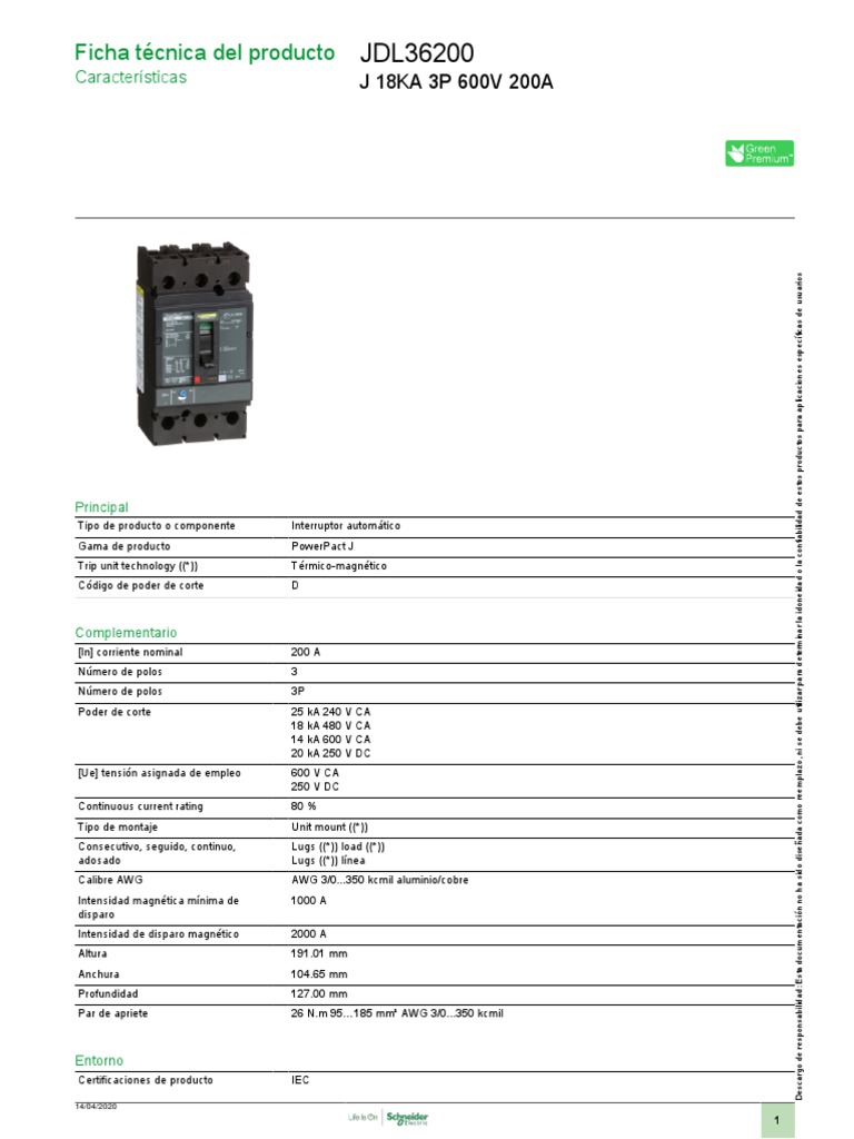Interruptores en Caja Moldeada Powerpact Marco J - JDL36200 | PDF | Materiales | Electricidad