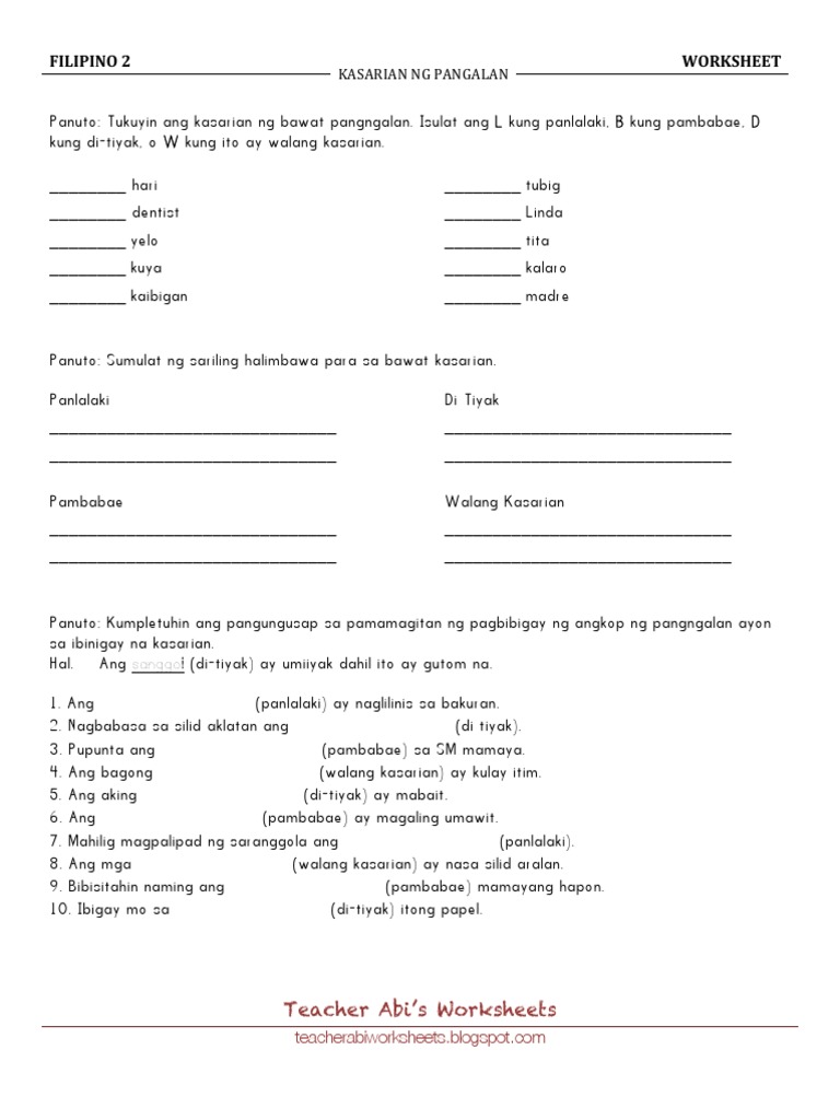 Filipino 2 - Kasarian NG Pangngalan - 1 | PDF