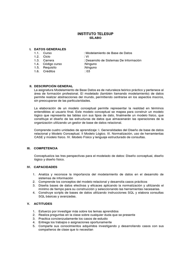 Silabo Modelamiento Base Datos PDF | PDF | SQL | Base de datos relacional