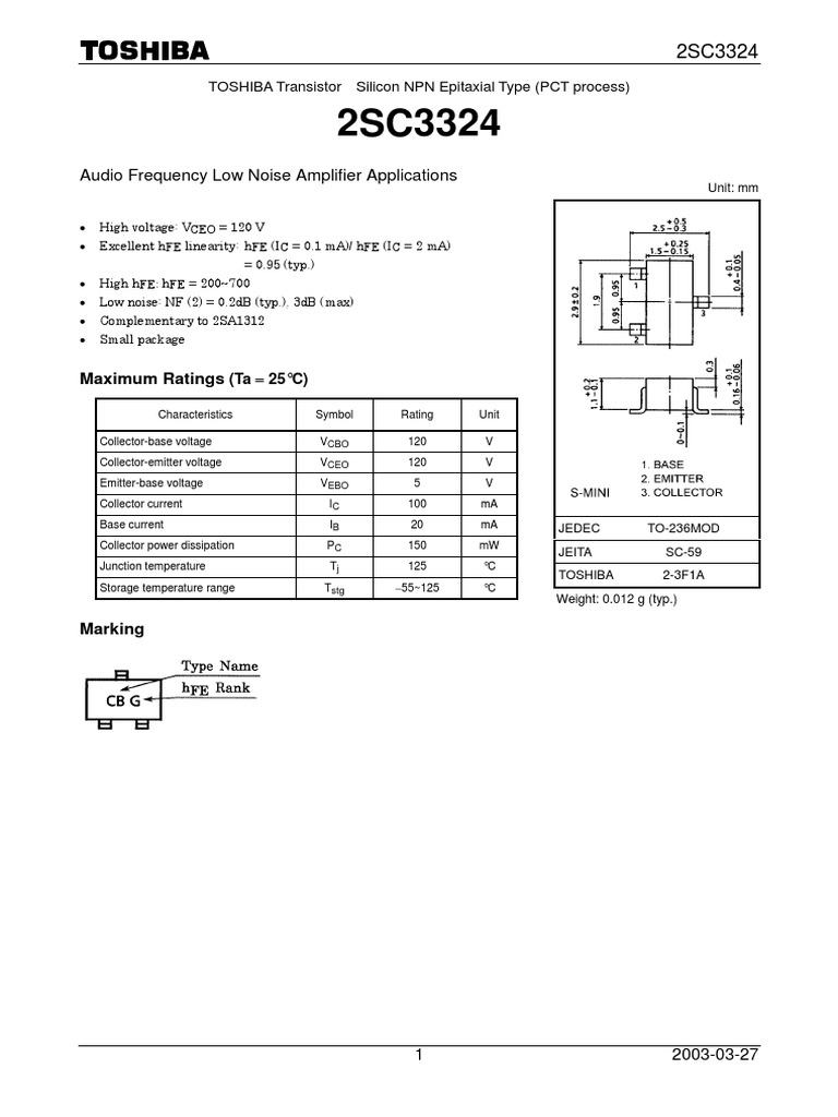 Audio Frequency Low Noise Amplifier Applications: Maximum Ratings | PDF | Bipolar Junction ...