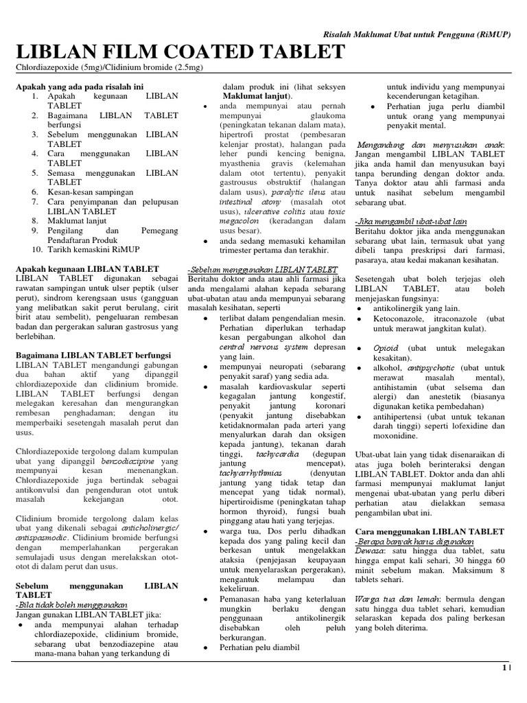 Liblan Film-Coated Tablet Chlordiazepoxide Clidinium Bromide Y.S.P ...